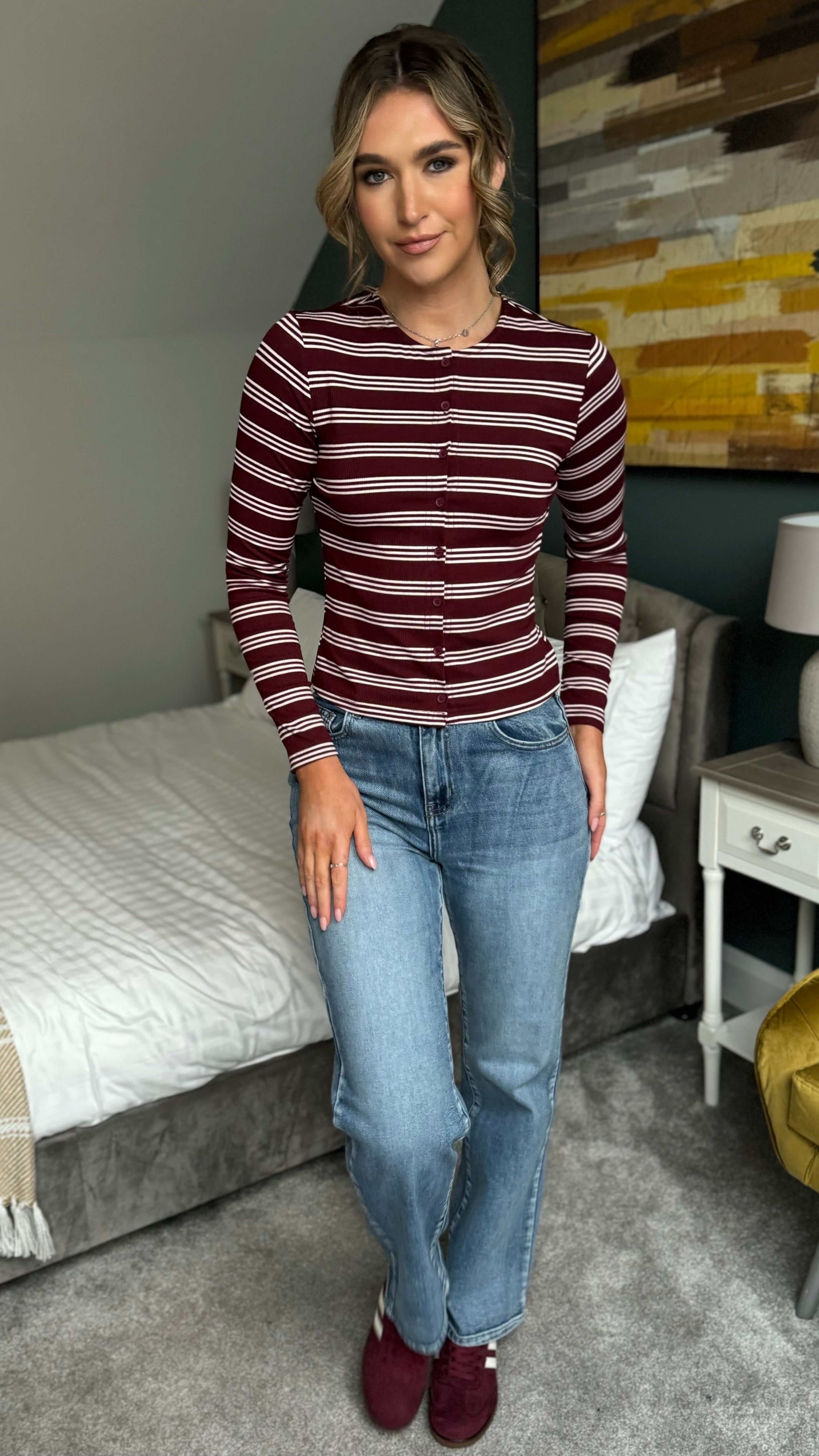 Chrissie Burgundy Stripe Button Up Top – Get That Trend UK